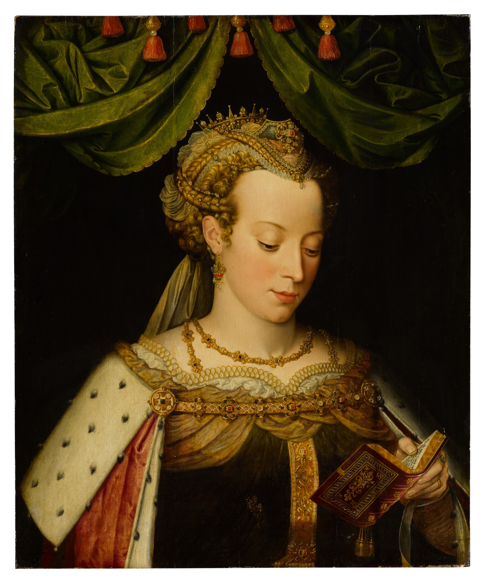 Portrait of a noblewoman as a sibyl, wearing an ornate jeweled ...