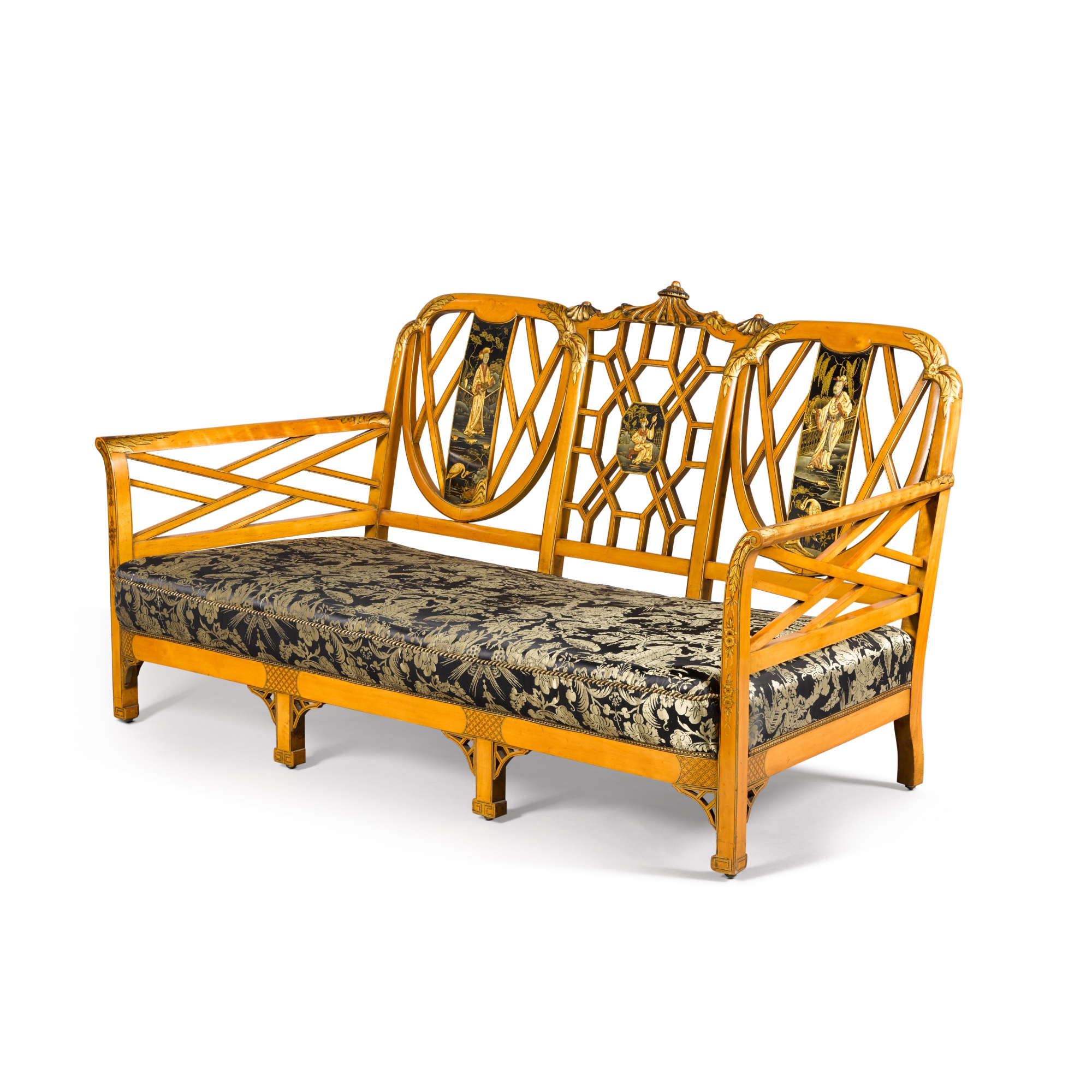 An English gilt and black japanned satinwood three-seater settee, circa ...