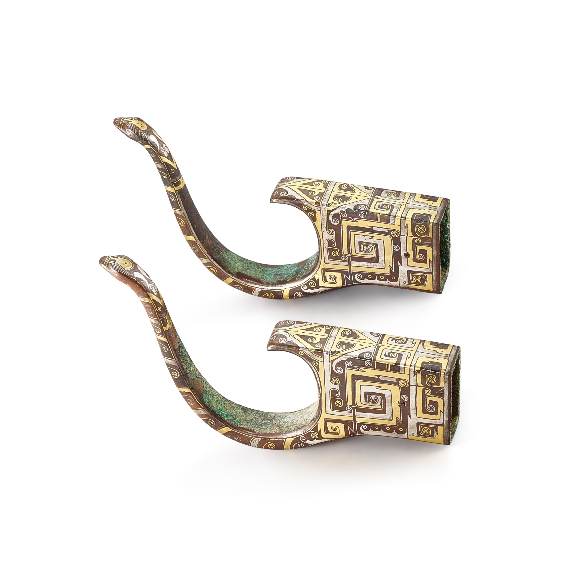 A pair of gold and silver-inlaid bronze crossbow fittings, Eastern Zhou ...