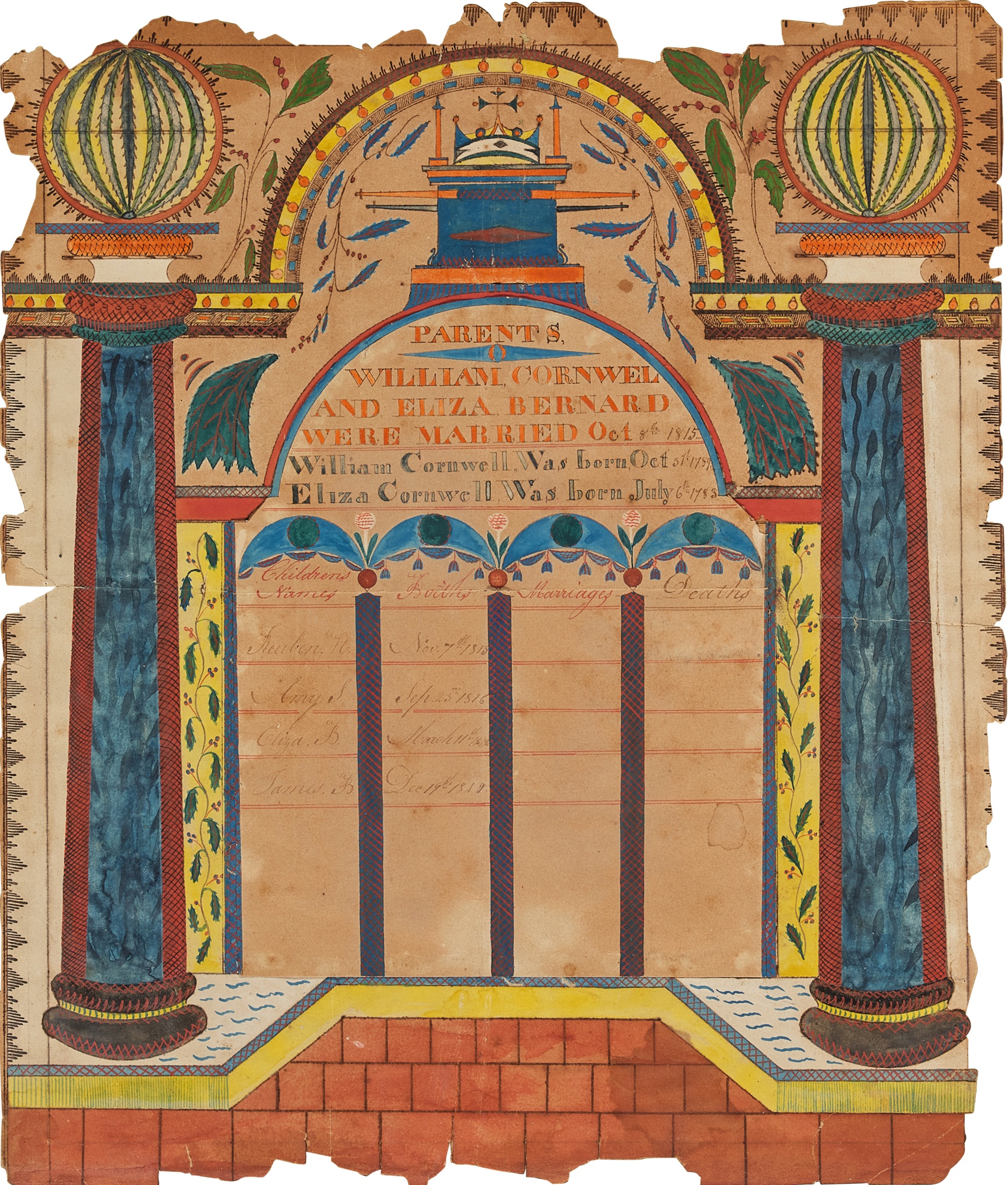 The Cornwell Family Record Watercolor Fraktur, Pennsylvania, circa 1820 ...