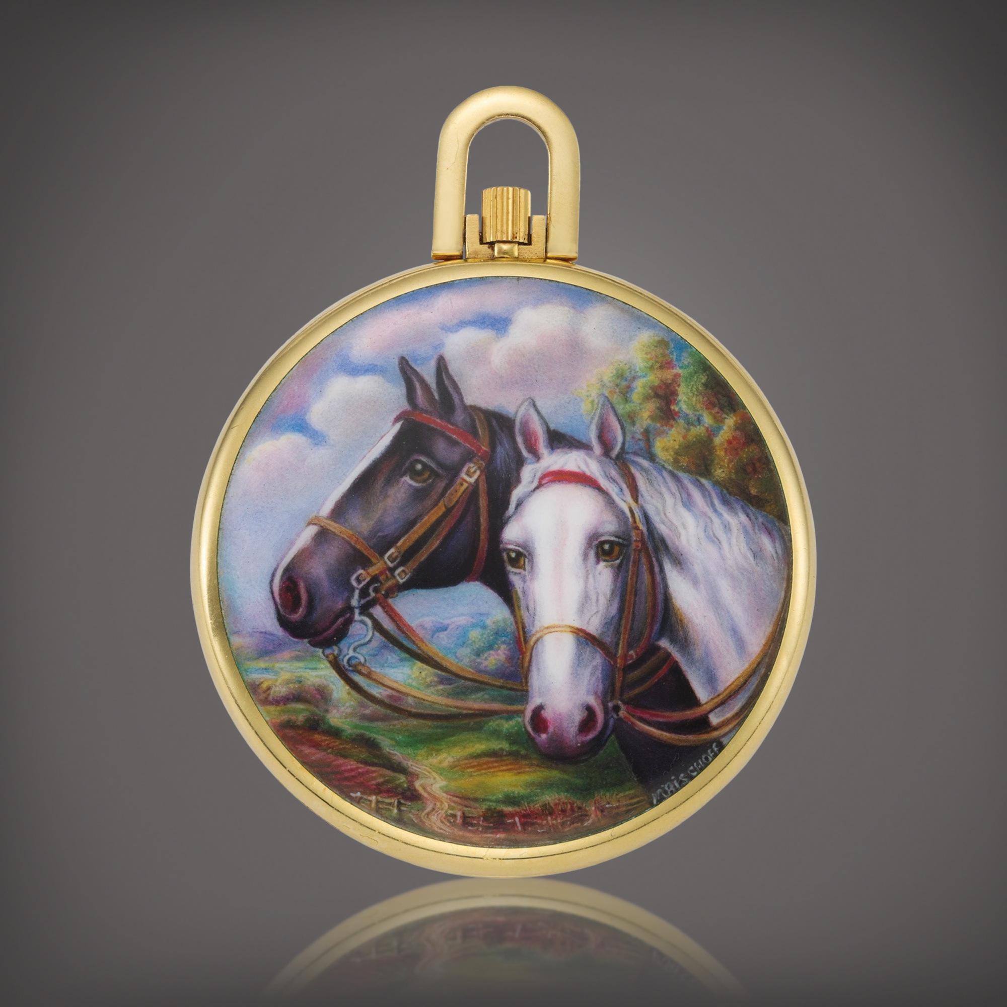 'Deux têtes de chevaux', Reference 715/15J A yellow gold open faced ...