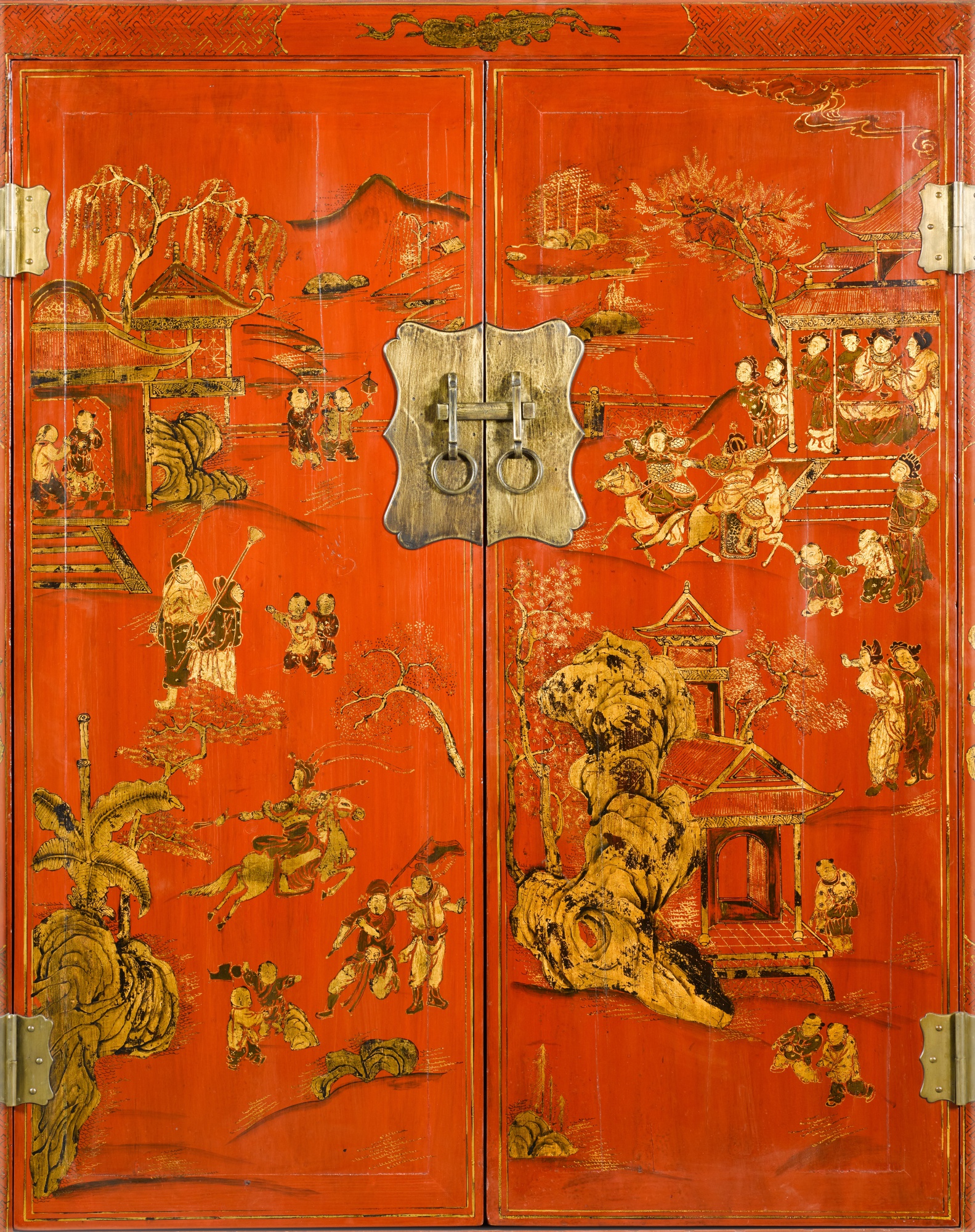 A pair of Chinese red and gilt lacquer marriage cabinets, 20th century ...